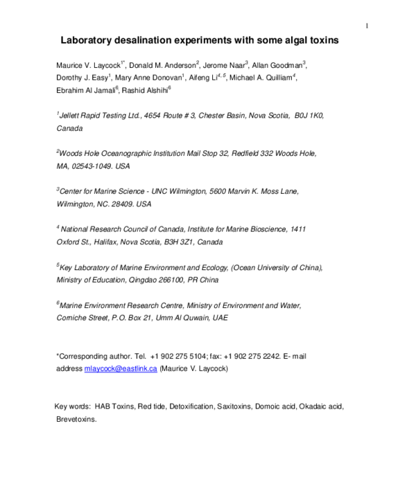(PDF) Laboratory desalination experiments with some algal toxins