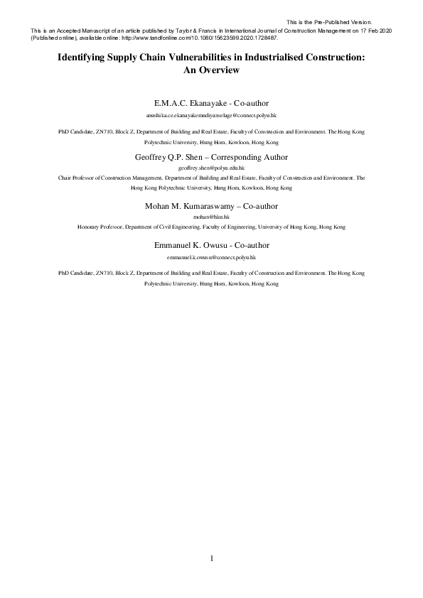 (PDF) Identifying supply chain vulnerabilities in industrialized construction: an overview