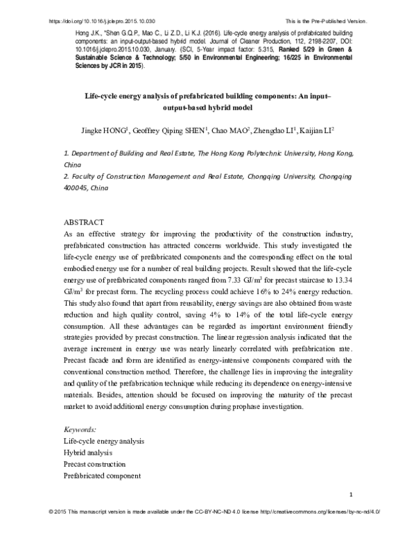(PDF) Life-cycle energy analysis of prefabricated building components: an input–output-based ...