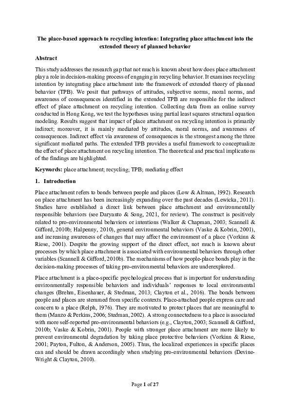(PDF) The place-based approach to recycling intention: Integrating place attachment into the ...