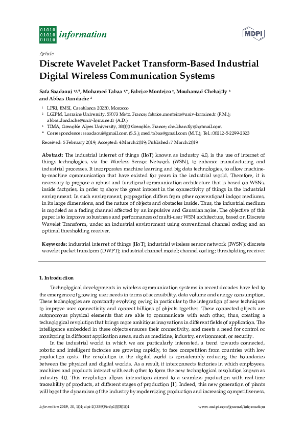(PDF) Discrete Wavelet Packet Transform-Based Industrial Digital Wireless Communication Systems