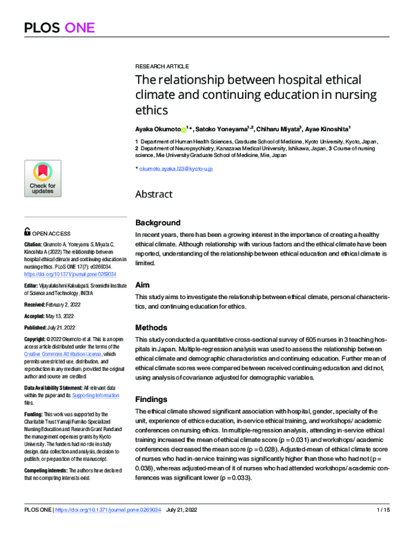(PDF) The relationship between hospital ethical climate and continuing education in nursing ethics