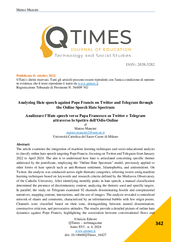(PDF) Analyzing Hate speech against Pope Francis on Twitter and Telegram through the Online ...