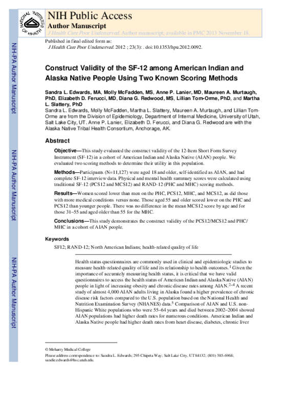 (PDF) Construct Validity of the SF-12 among American Indian and Alaska Native People Using Two ...