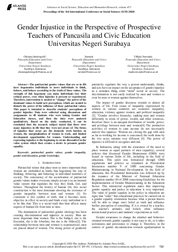 (PDF) Gender Injustice in the Perspective of Prospective Teachers of Pancasila and Civic ...