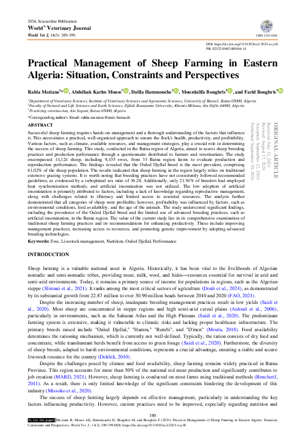 (PDF) Practical Management of Sheep Farming in Eastern Algeria: Situation, Constraints and ...