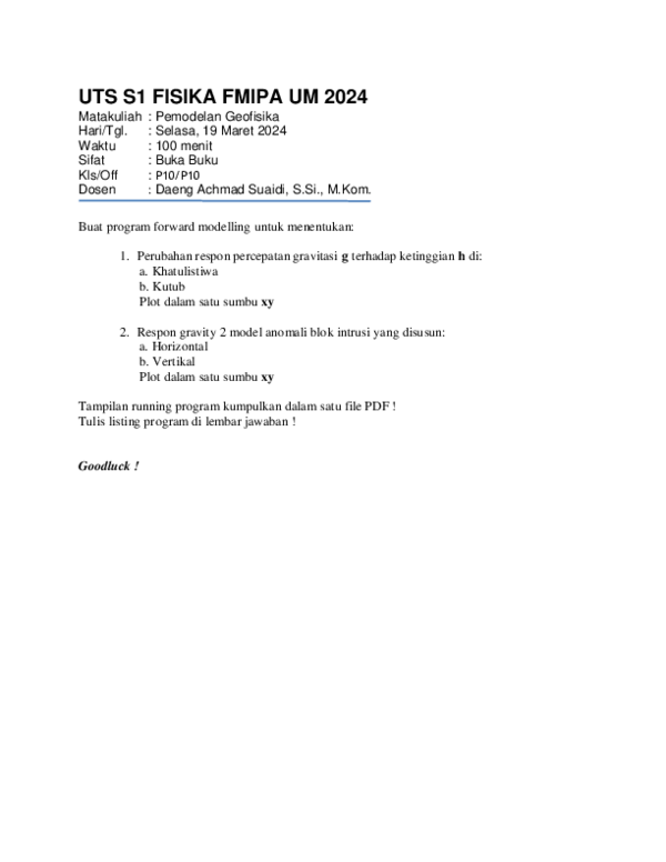 (PDF) UTS dan UAS Pemodelan Geofisika S-1 Fisika Universitas Negeri Malang