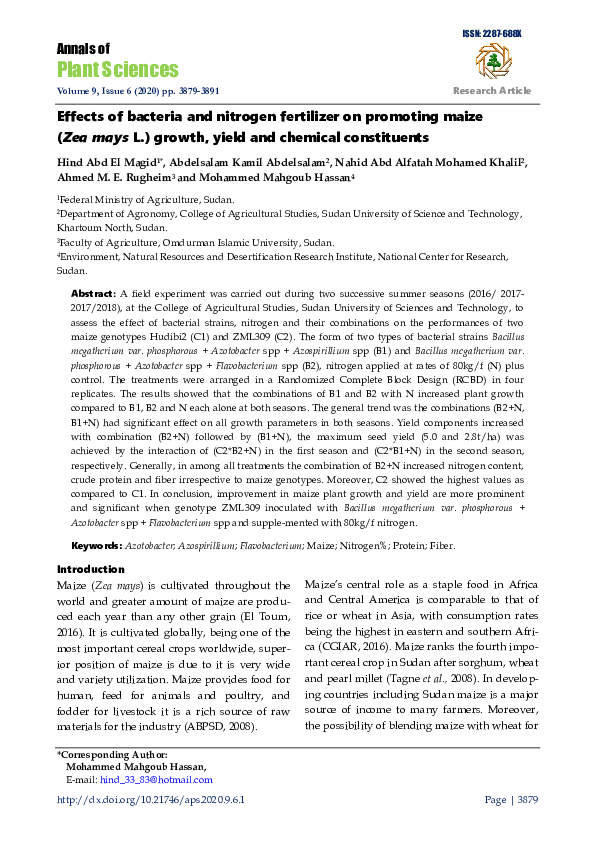 (PDF) Effects of bacteria and nitrogen fertilizer on promoting maize (Zea mays L.) growth, yield ...