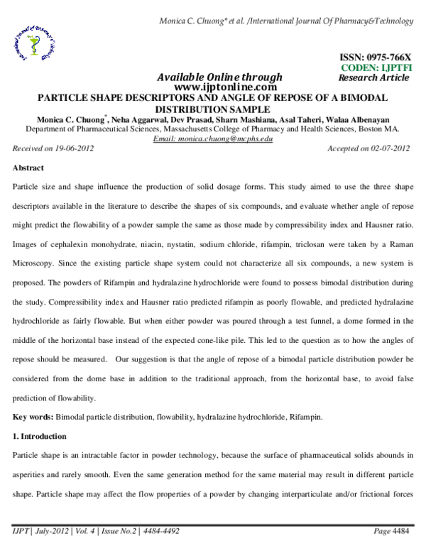 (PDF) Particle Shape Descriptors and Angle of Repose of a Bimodal Distribution Sample