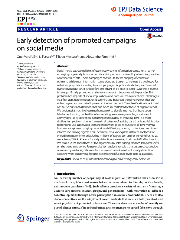 (PDF) Early detection of promoted campaigns on social media