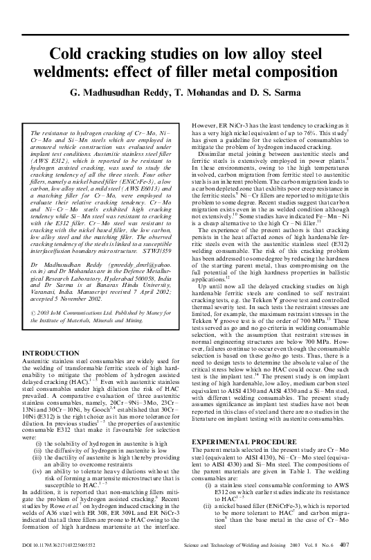 (PDF) Cold cracking studies on low alloy steel weldments: effect of ...