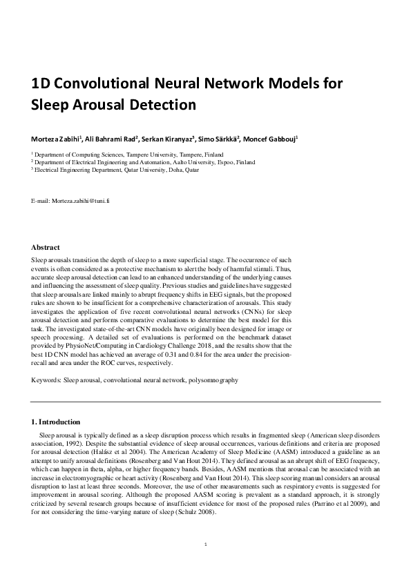 (PDF) 1D Convolutional Neural Network Models for Sleep Arousal Detection