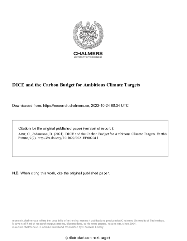 (PDF) DICE and the Carbon Budget for Ambitious Climate Targets
