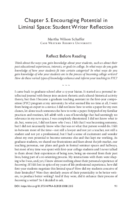 (PDF) Chapter 5. Encouraging Potential in Liminal Space: Student Writer Reflection