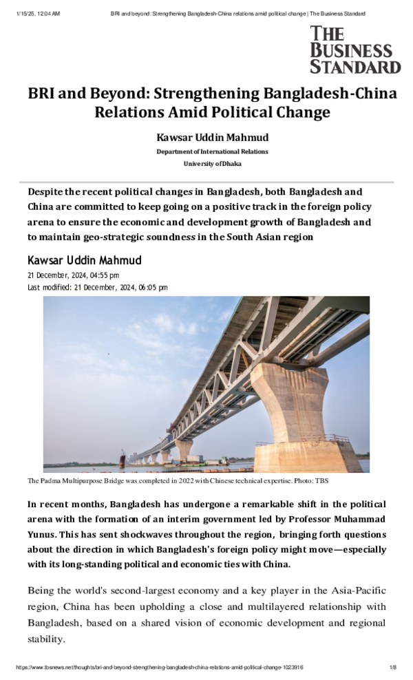 (PDF) BRI and Beyond: Strengthening Bangladesh-China Relations Amid Political Change