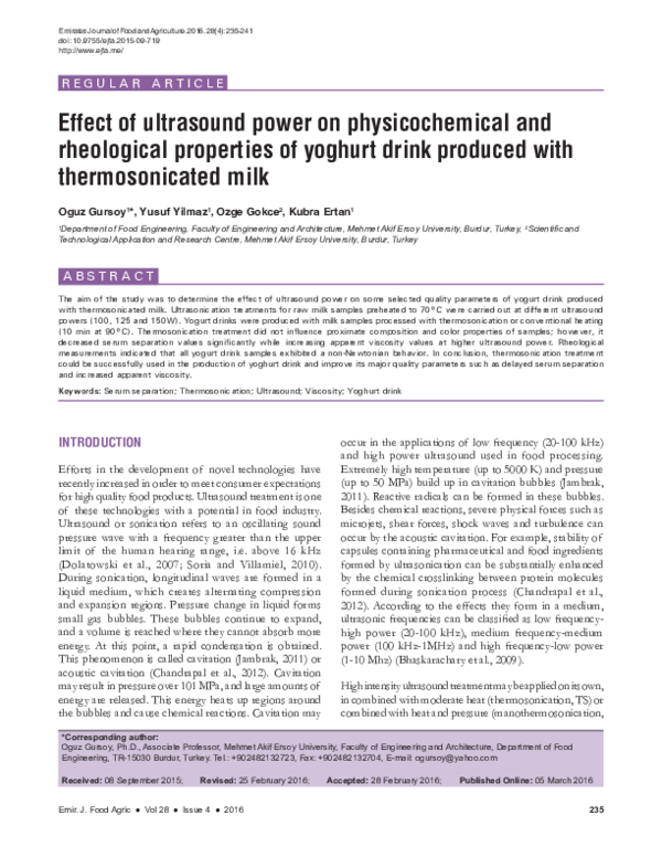 (PDF) Effect of ultrasound power on physicochemical and rheological properties of yoghurt drink ...