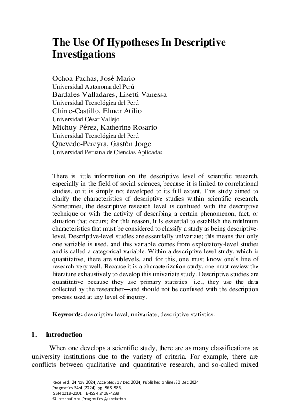 (PDF) The Use Of Hypotheses In Descriptive Investigations 14 enero