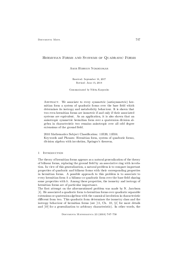 (PDF) Hermitian Forms and Systems of Quadratic Forms