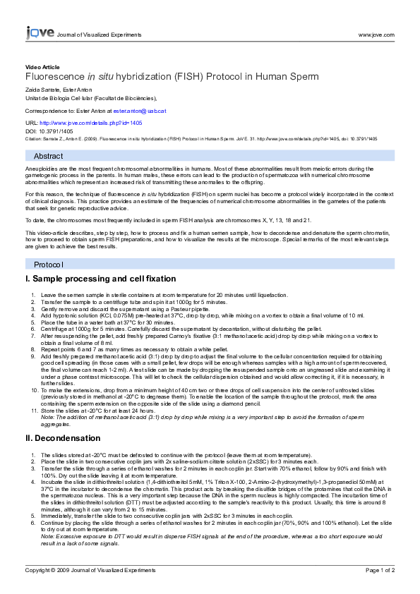 (PDF) Fluorescence in situ hybridization (FISH) Protocol in Human Sperm