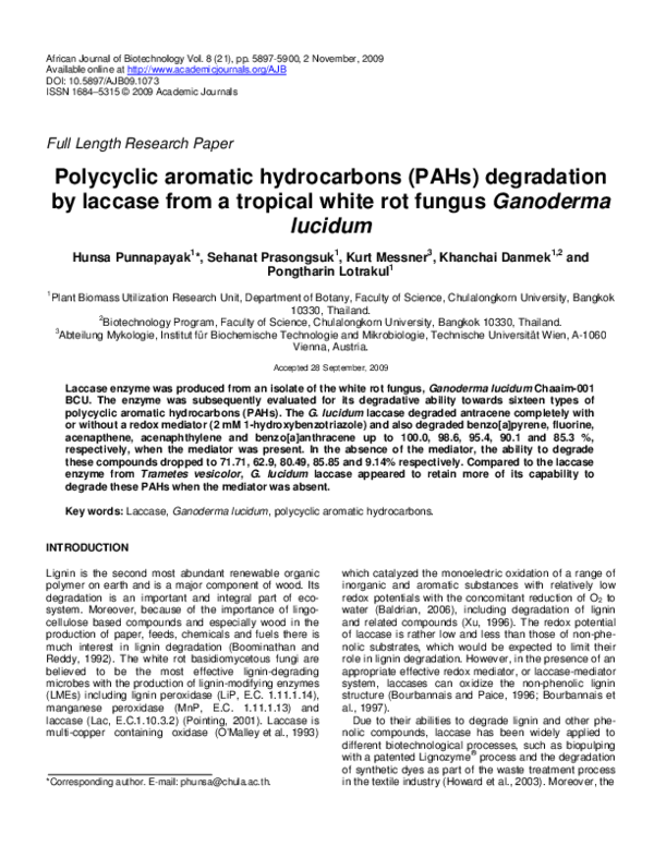 (PDF) Polycyclic aromatic hydrocarbons (PAHs) degradation by laccase from a tropical white rot ...