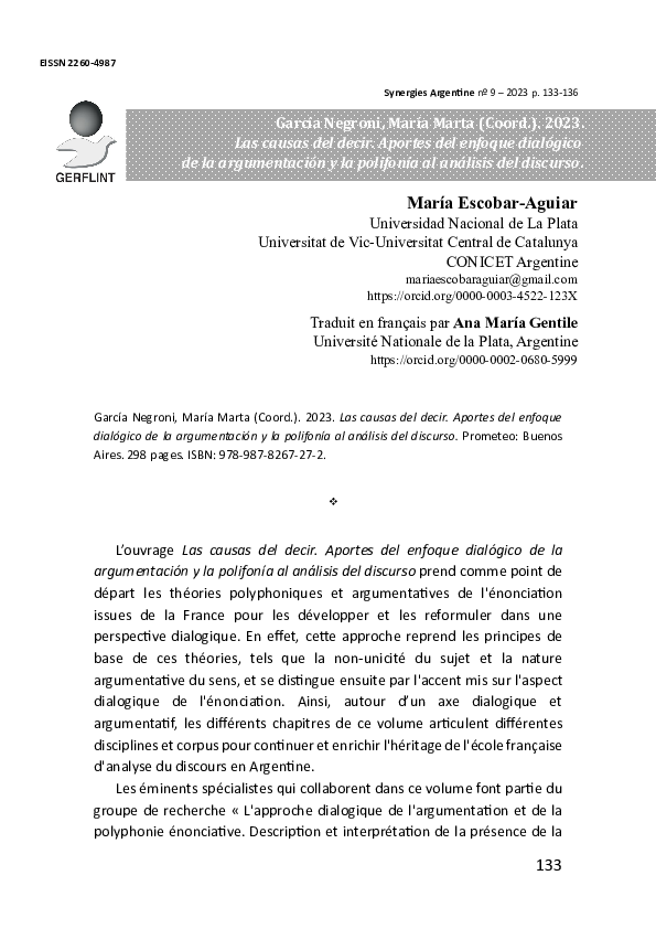 (PDF) García Negroni, María Marta (Coord.). 2023. Las causas del decir ...