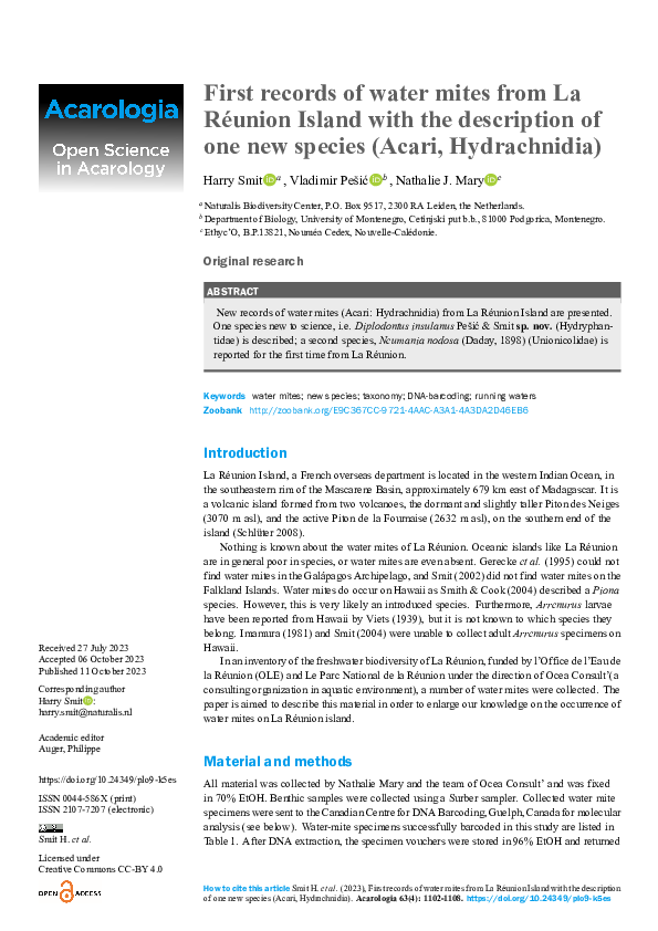 (PDF) First records of water mites from La Réunion Island with the ...