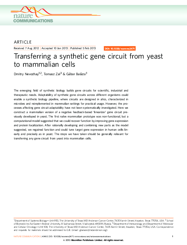 (PDF) Transferring a synthetic gene circuit from yeast to mammalian cells