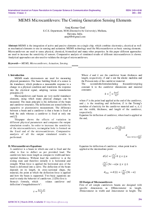 (PDF) MEMS Microcantilevers : The Coming Generation Sensing Elements