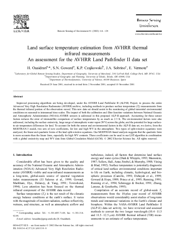 (PDF) Land surface temperature estimation from AVHRR thermal infrared measurements