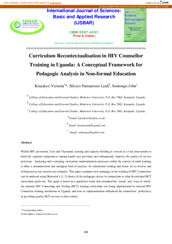 (PDF) Curriculum Recontextualisation in HIV Counsellor Training in ...