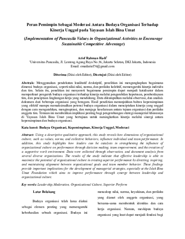 (PDF) Peran Pemimpin Sebagai Moderasi Antara Budaya Organisasi Terhadap Kinerja Unggul pada ...