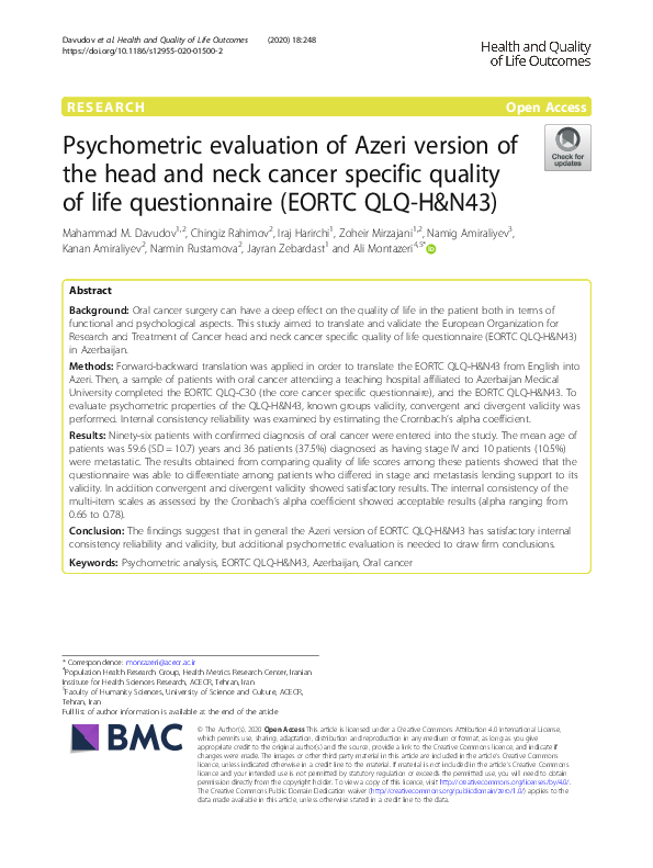 (PDF) Psychometric evaluation of Azeri version of the head and neck cancer specific quality of ...