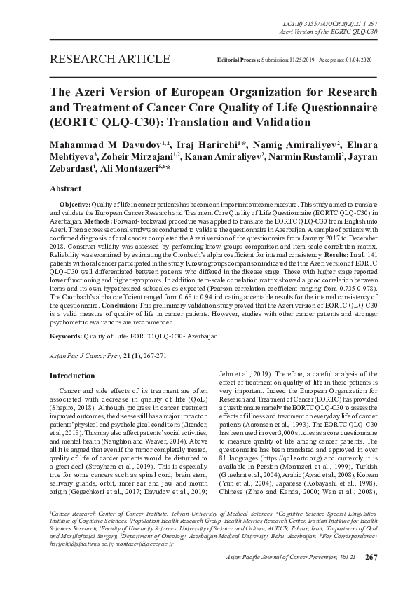 (PDF) The Azeri Version of European Organization for Research and Treatment of Cancer Core ...