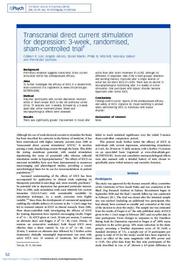 (PDF) Transcranial direct current stimulation for depression: 3-week, randomised, sham ...