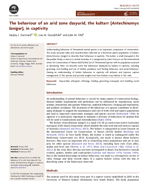 (PDF) The behaviour of an arid zone dasyurid, the kultarr (Antechinomys ...