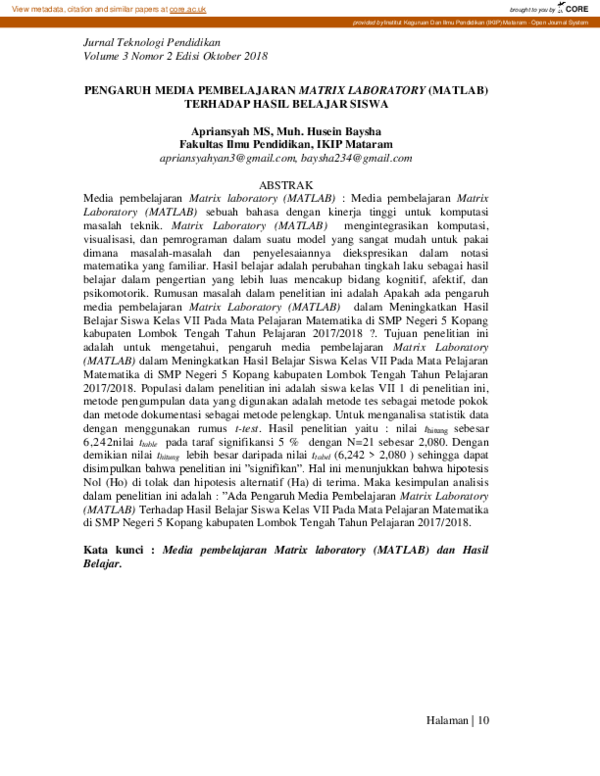 (PDF) Pengaruh Media Pembelajaran Matrix Laboratory (Matlab) Terhadap Hasil Belajar Siswa