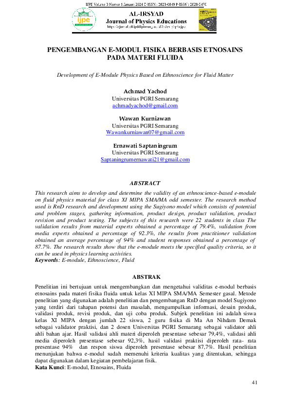 (PDF) Pengembangan E-Modul Fisika Berbasis Etnosains Pada Materi Fluida