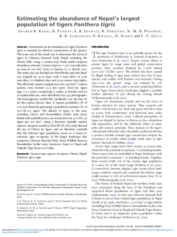(PDF) Estimating the abundance of Nepal's largest population of tigers Panthera tigris
