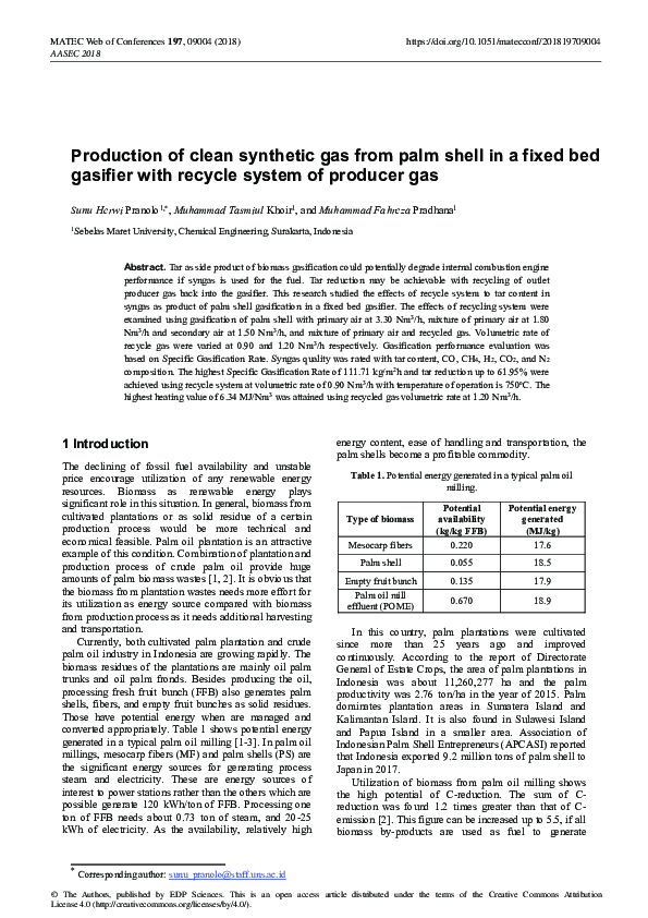 (PDF) Production of clean synthetic gas from palm shell in a fixed bed ...
