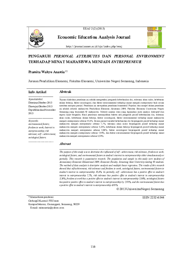 (PDF) Pengaruh Personal Attributes Dan Personal Environment Terhadap ...