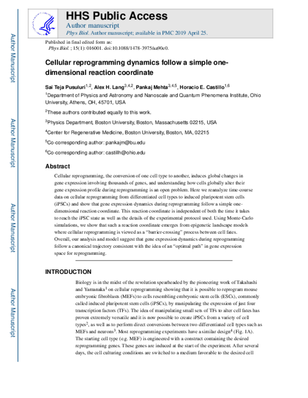 (PDF) Cellular reprogramming dynamics follow a simple 1D reaction coordinate