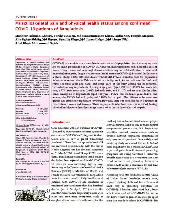 (PDF) Musculoskeletal pain and physical health status among confirmed ...