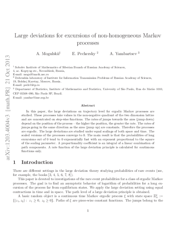 (PDF) Large deviations for excursions of non-homogeneous Markov processes