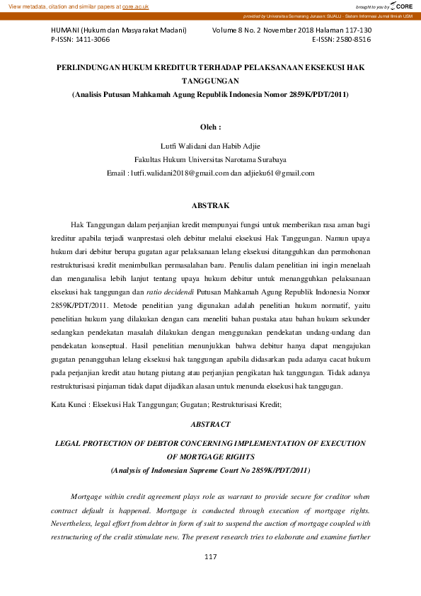 (PDF) PERLINDUNGAN HUKUM KREDITUR TERHADAP PELAKSANAAN EKSEKUSI HAK TANGGUNGAN (Analisis Putusan ...