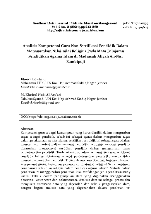 (PDF) Analisis Kompetensi Guru Non Sertifikasi Pendidik Dalam Menanamkan Nilai-nilai Religius ...