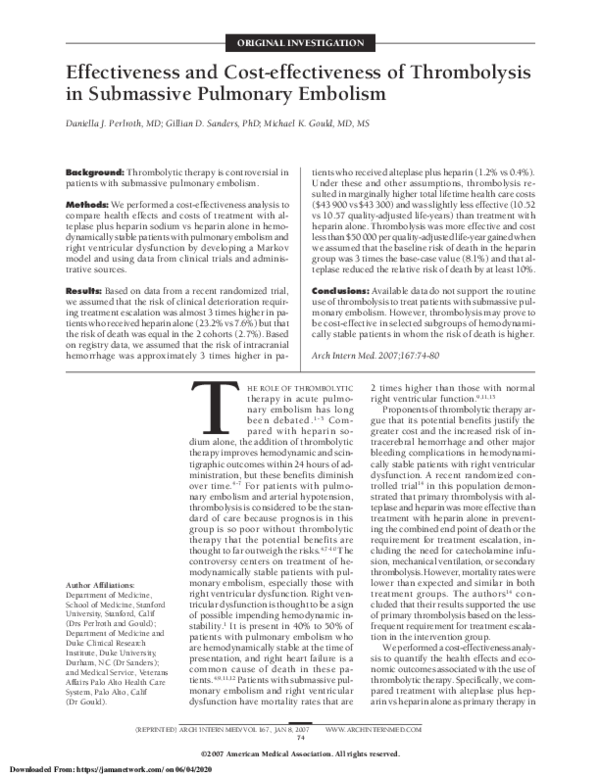 (PDF) Effectiveness and Cost-effectiveness of Thrombolysis in ...