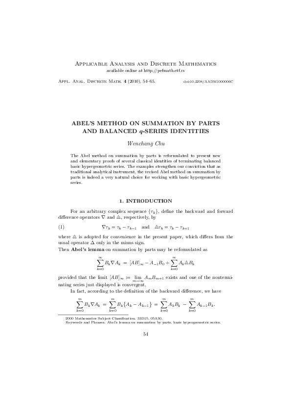 (PDF) Abel’s method on summation by parts and balanced q-series identities
