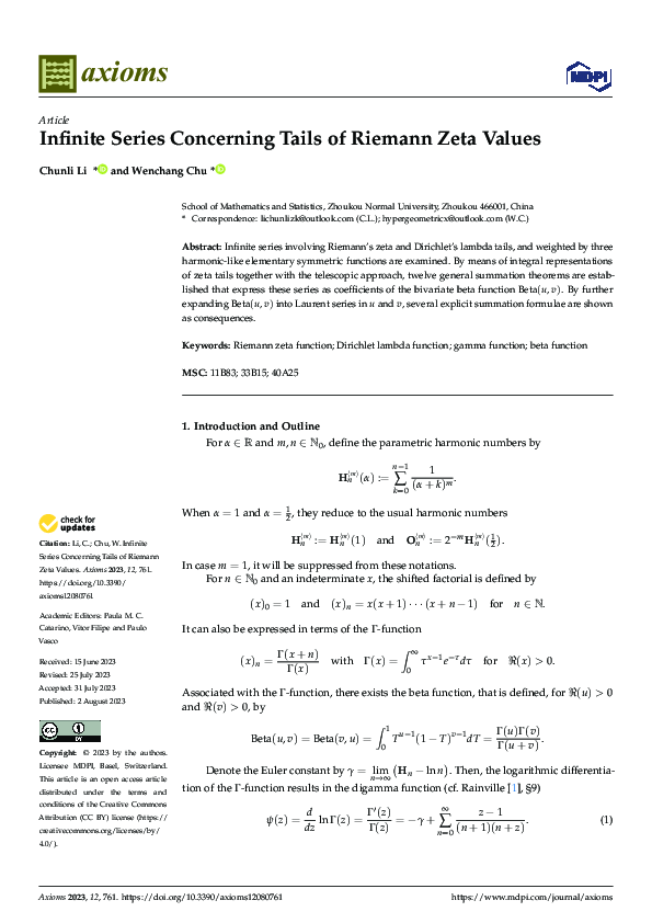 (PDF) Infinite Series Concerning Tails of Riemann Zeta Values