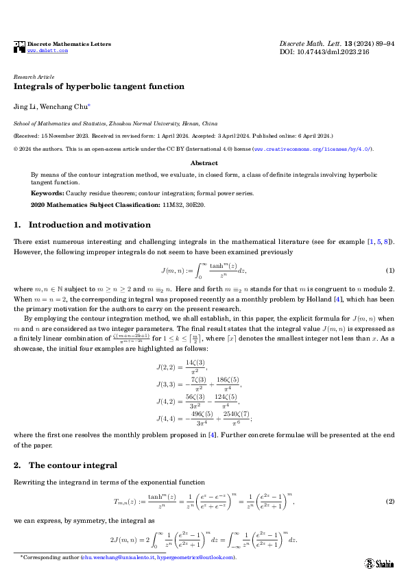 (PDF) Integrals of hyperbolic tangent function