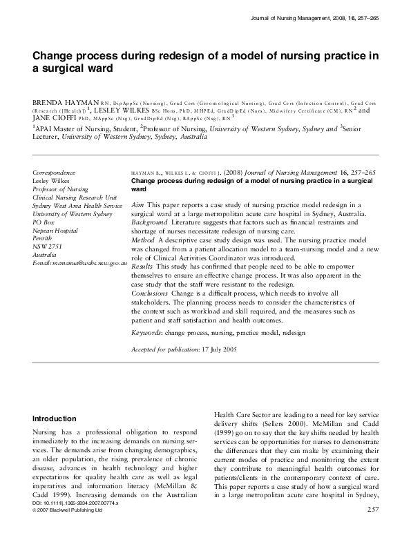 (PDF) Change process during redesign of a model of nursing practice in a surgical ward